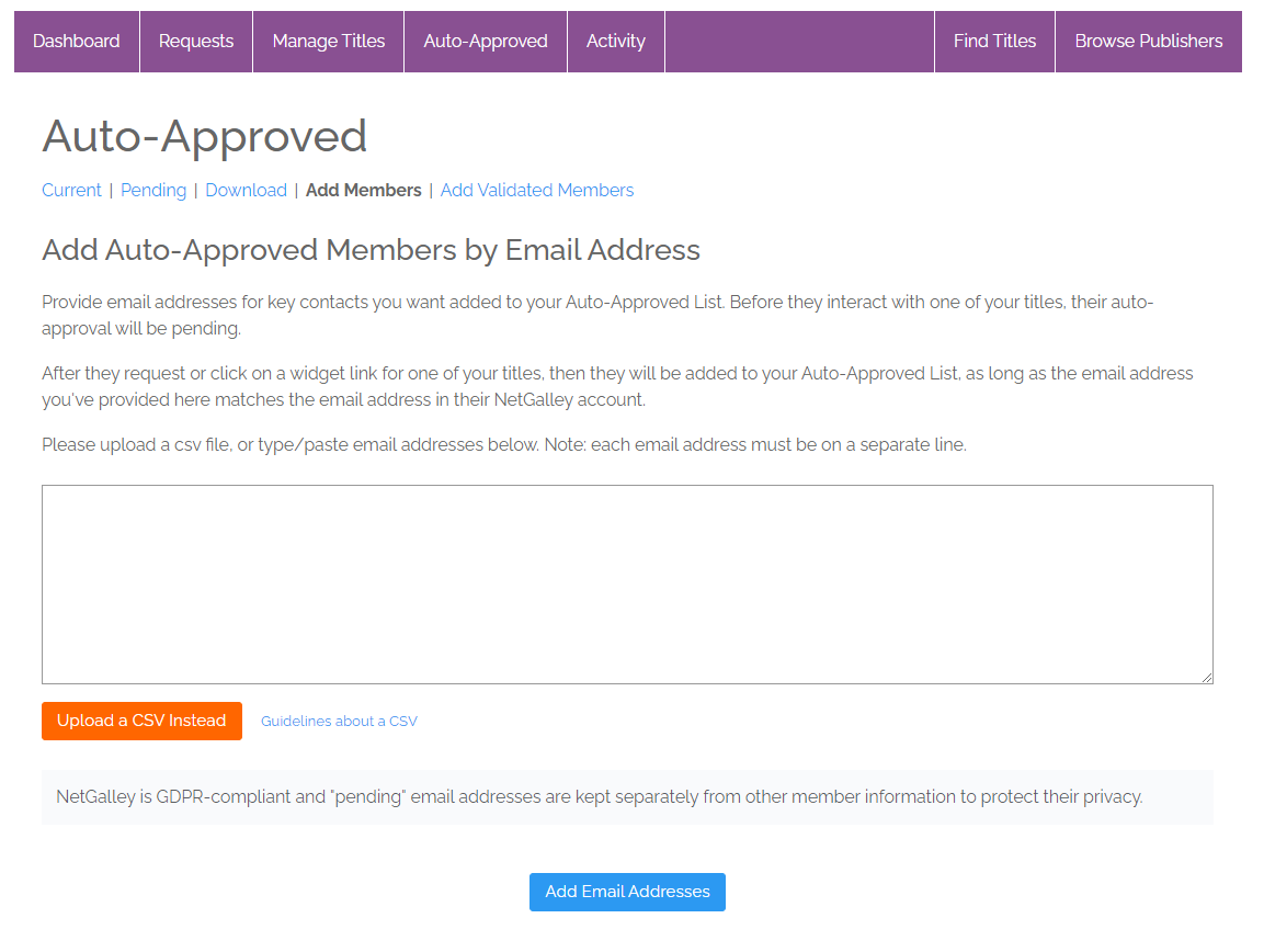 Upload a List of Contacts to Auto-Approve – NetGalley Client Knowledge Base